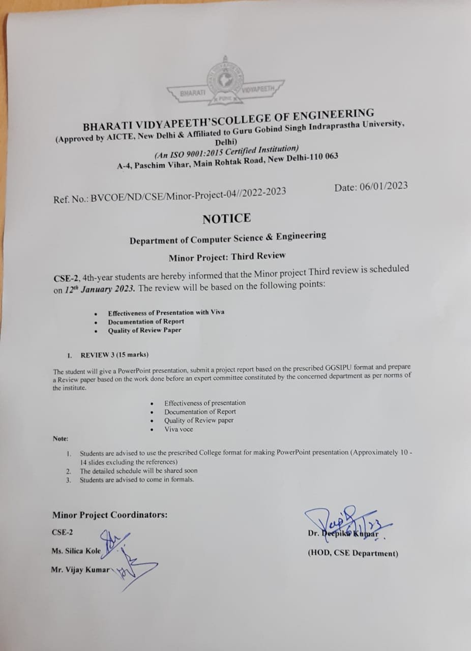 Minor Project Third Review Notice for Final Year CSE2 – Bharati ...