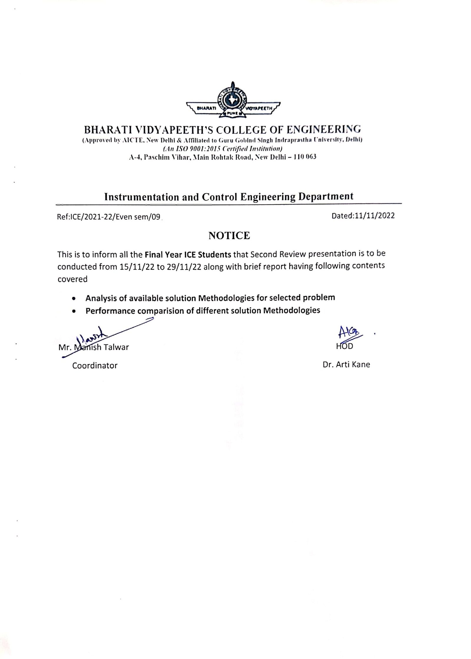 Notice Regarding Review Presentation ICE final Year – Bharati ...