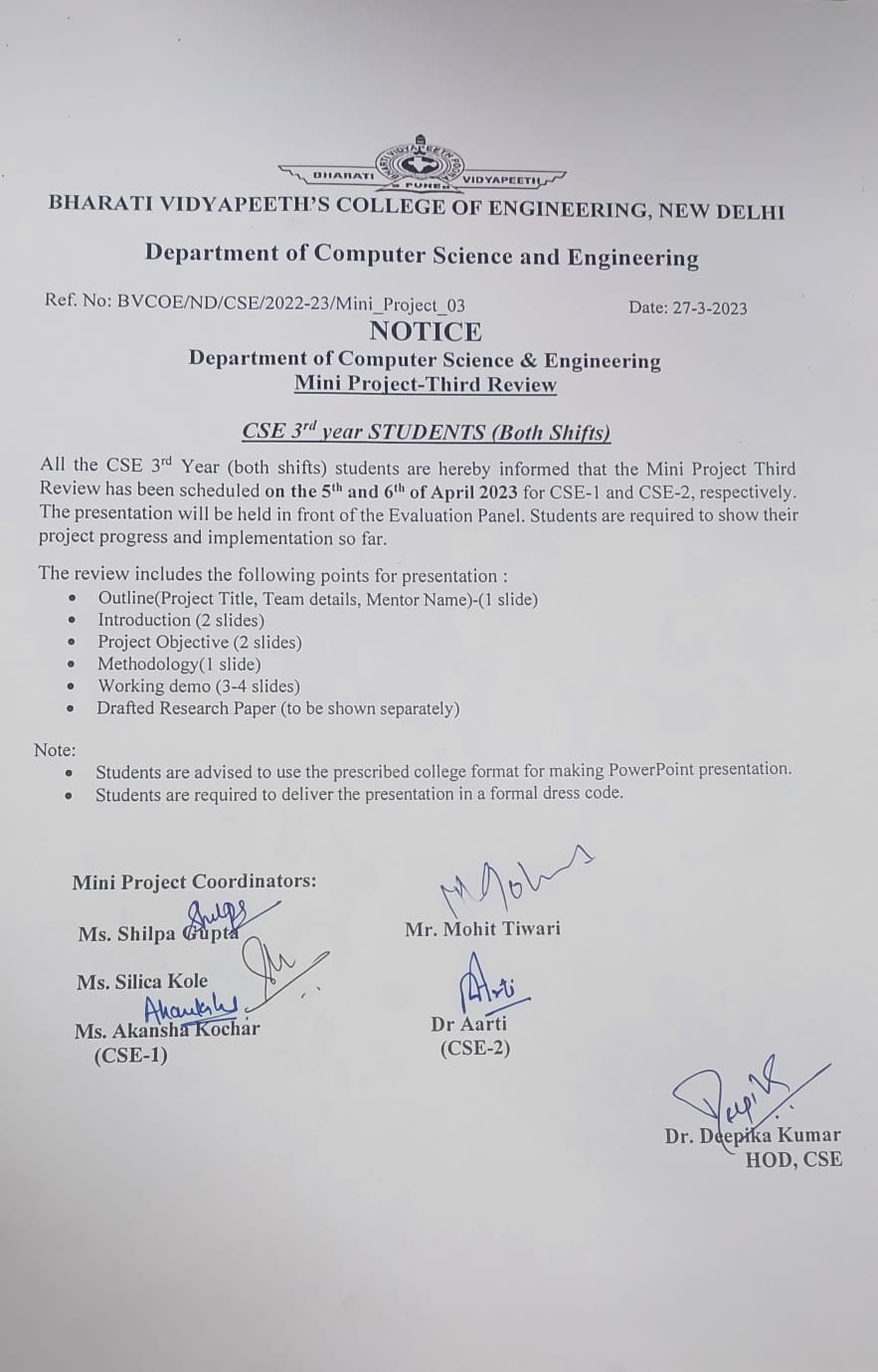 Mini Project 3rd Review Notice for Third Year Students – Bharati ...